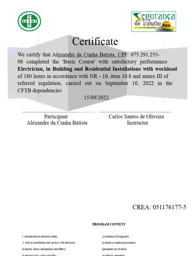 Electrician Certificate Alexandre | PDF