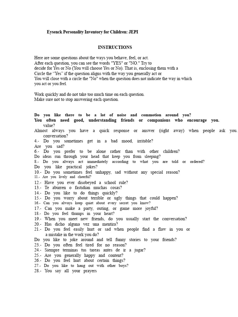 Eysenck Personality Inventory for Kids | PDF | Extraversion And ...