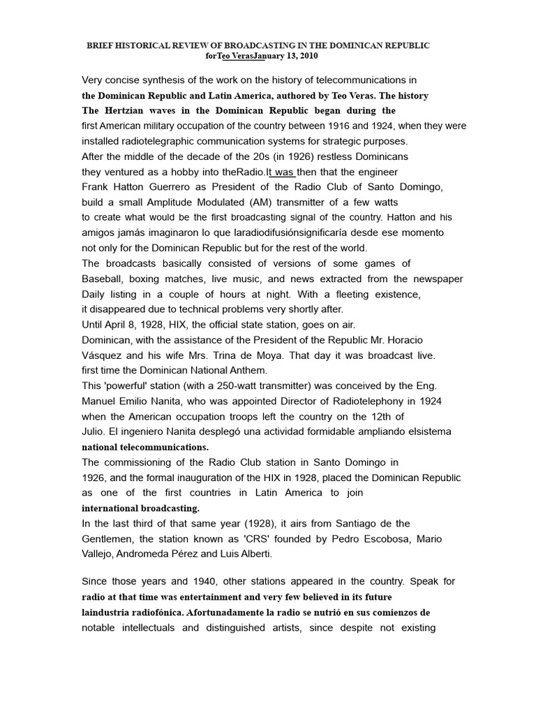Brief Historical Review of Broadcasting in The Dominican Republic (Teo ...