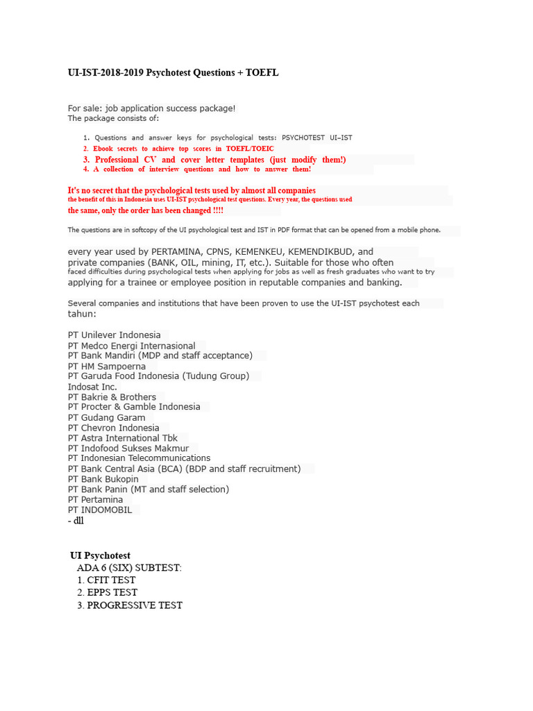 UI-IST Psychotest & TOEFL Success Kit | PDF