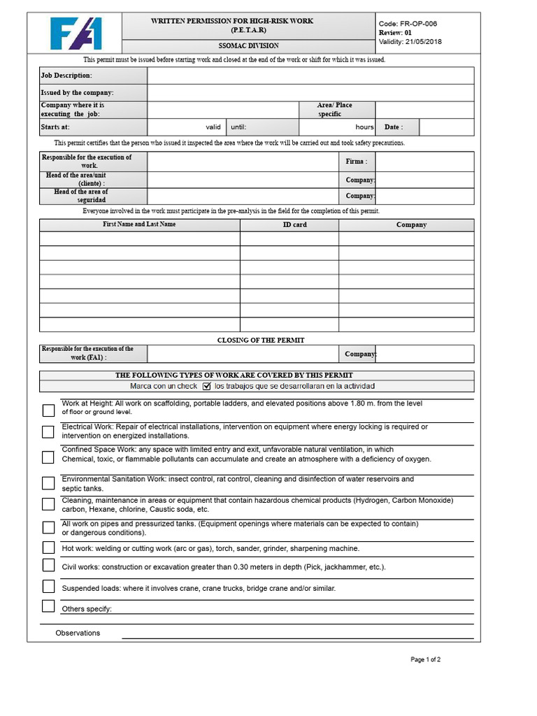 FR-OP-006 Written Permit For High-Risk Work (PETAR MAIN FACE) (Rev 01 ...