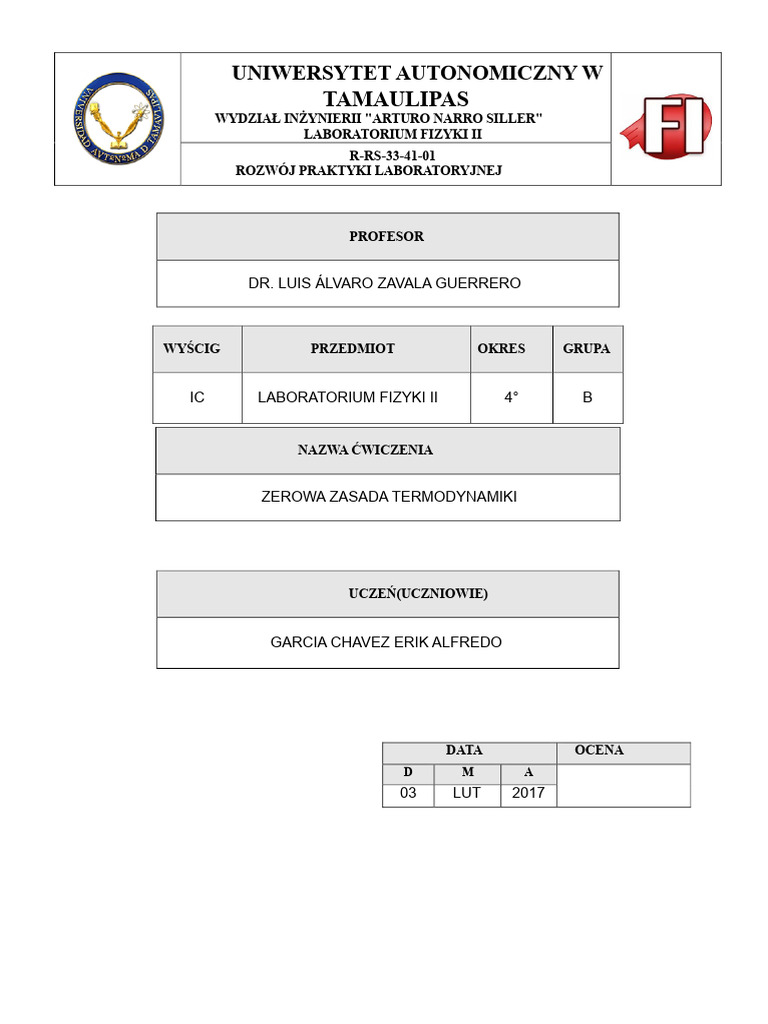 Ćwiczenie 1 Zerowa Zasada Termodynamiki | PDF