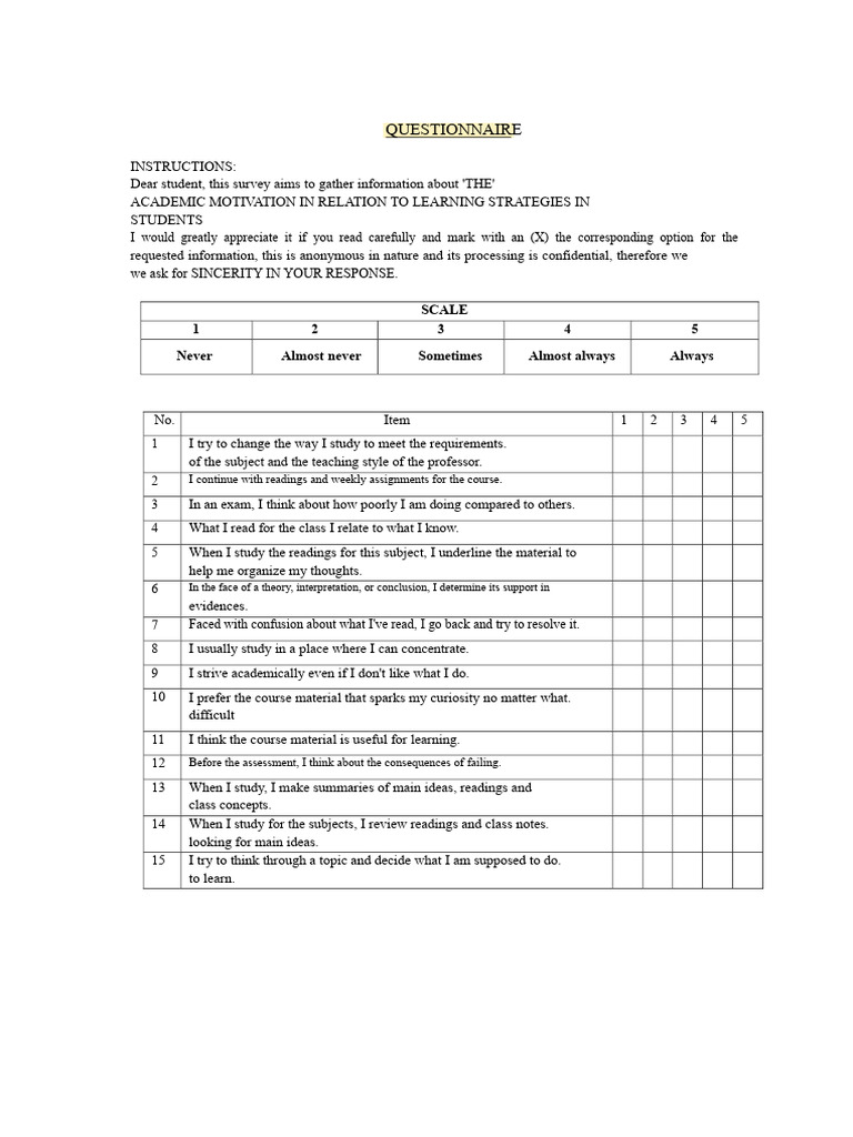 Questionnaire For Academic Motivation | PDF | Motivation | Motivational