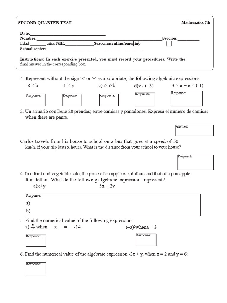 SECOND TRIMESTER EXAM 7th GRADE | PDF | Mathematics