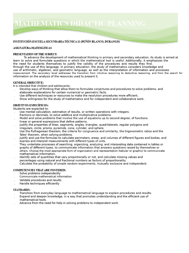 Format of Didactic Planning For Secondary Mathematics | PDF ...