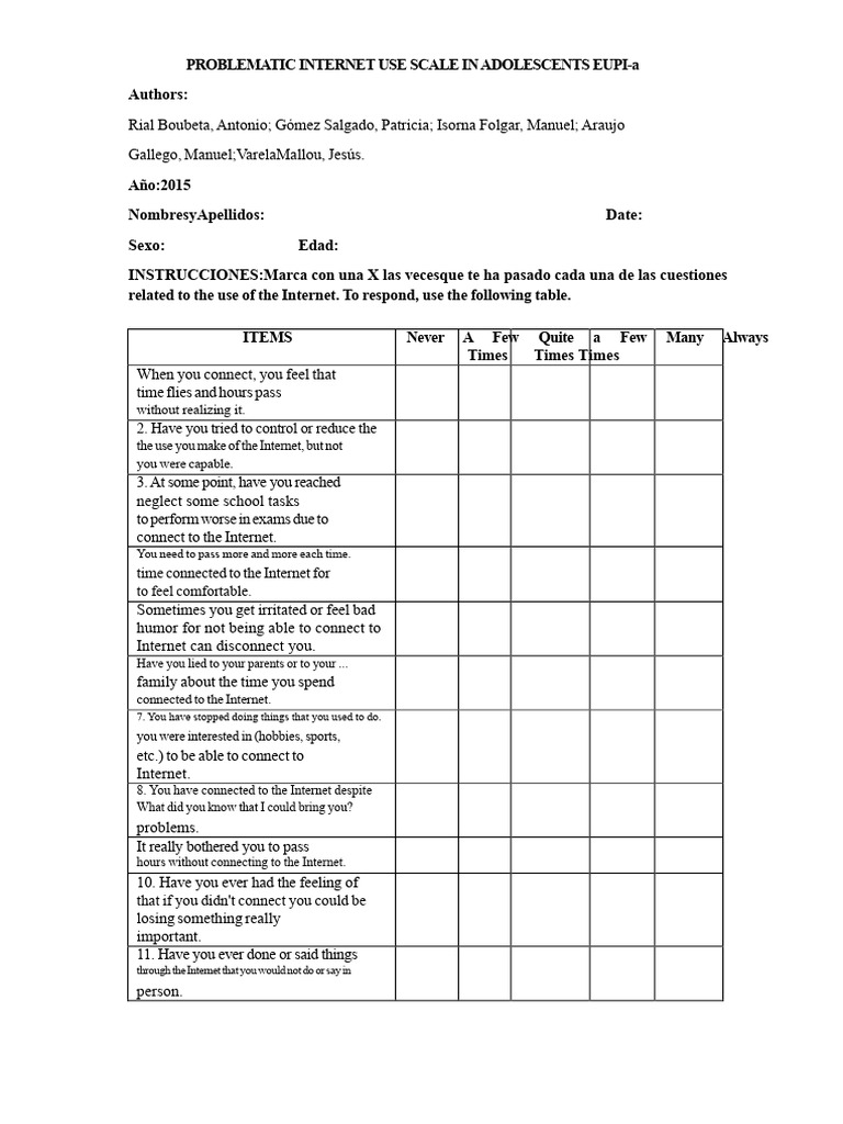 Problematic Internet Use Scale in Adolescents Eupi | PDF
