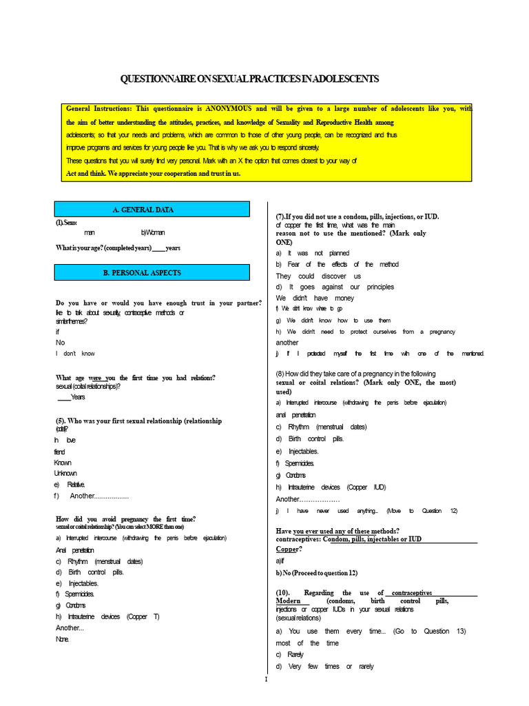 Adolescent Sexual Practices Questionnaire | PDF | Birth Control ...