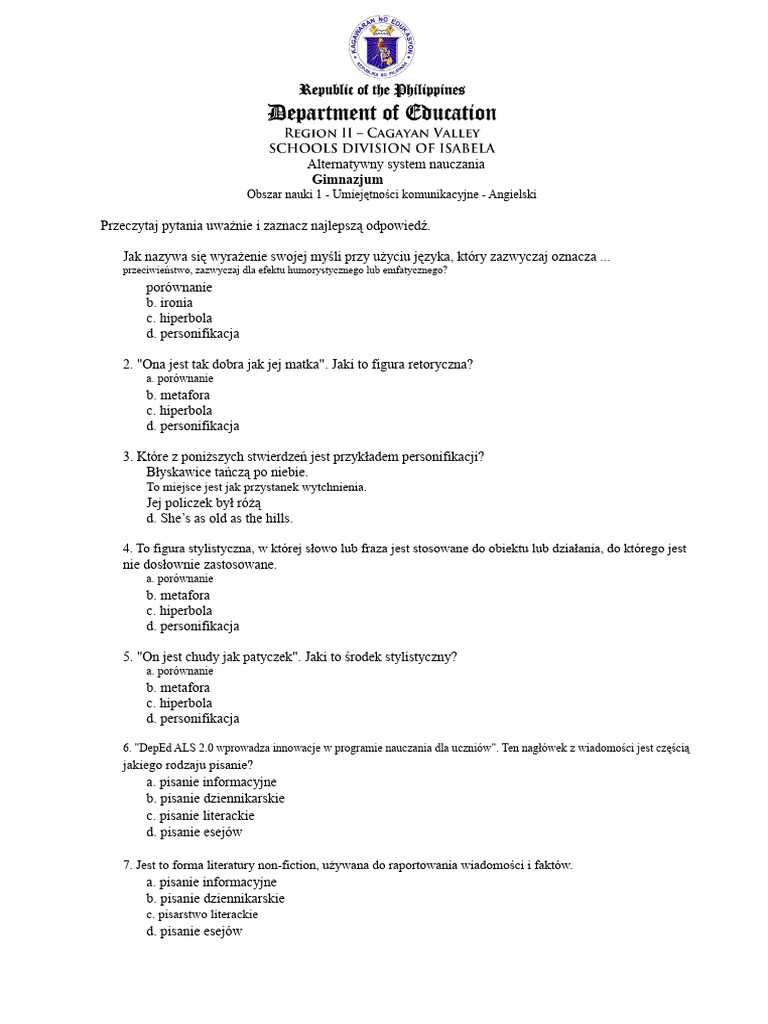 JHS Test Item Bank LS 1 Anglais I Filipino | PDF