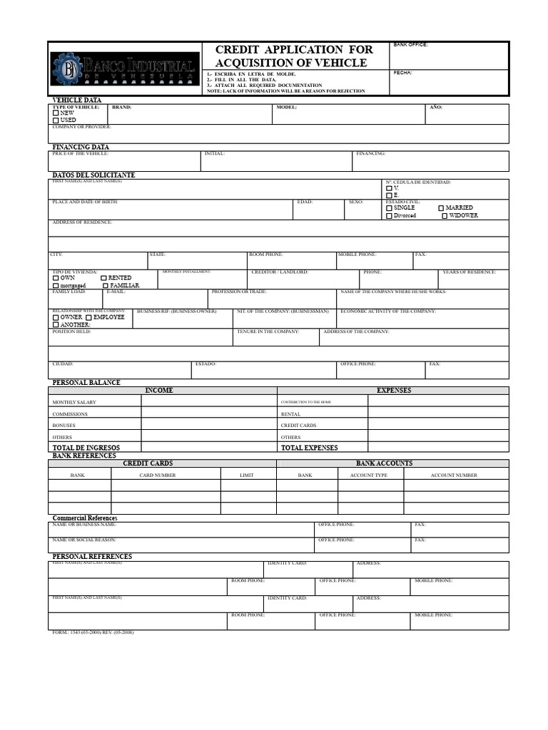 Vehicle Acquisition Credit Application | PDF | Credit | Finance & Money ...