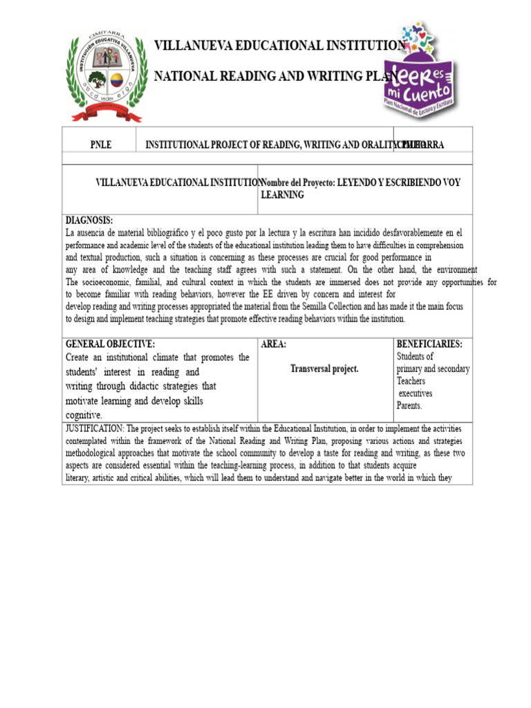 Institutional Project of Reading, Writing, and Oral Communication | PDF ...