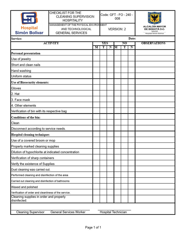 Gft Fo 240 008 Cleaning Supervision Checklist Pdf