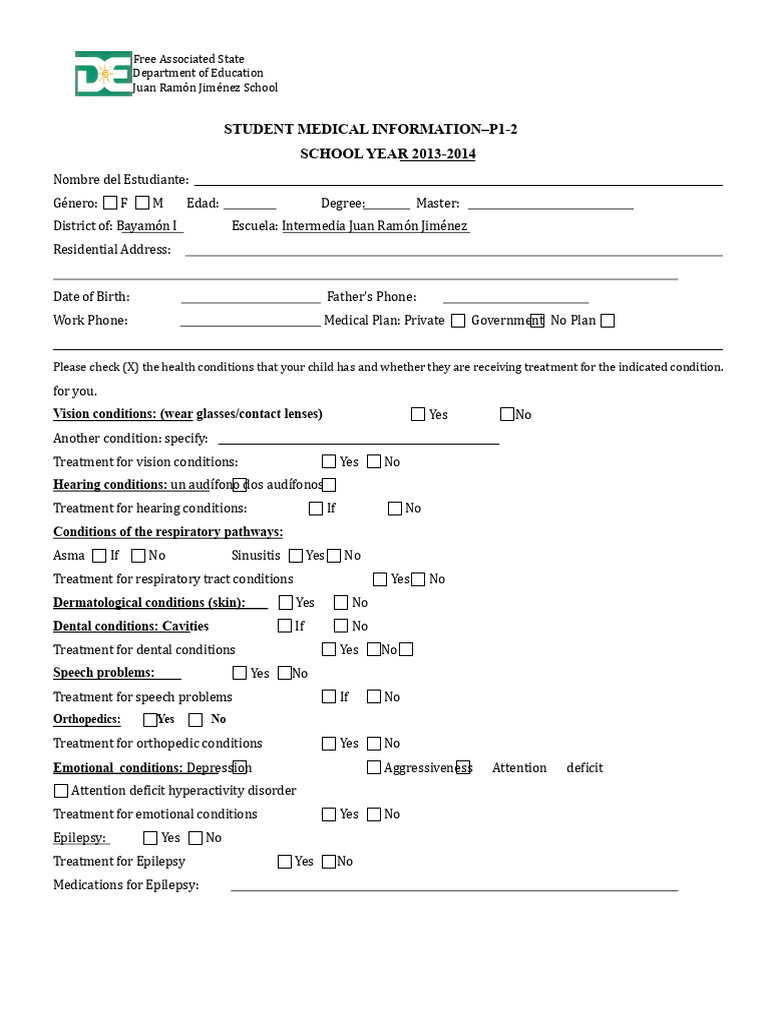 Student Medical Information | PDF | Diabetes | Attention Deficit ...