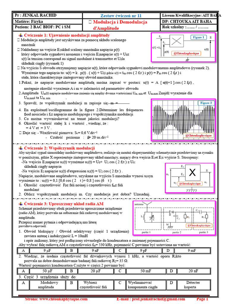 Seria Ćwiczeń 11, Modulacja I Demodulacja Amplitudy, 2BAC BIOF, SM, PC, Prof. JENKAL RACHID ...