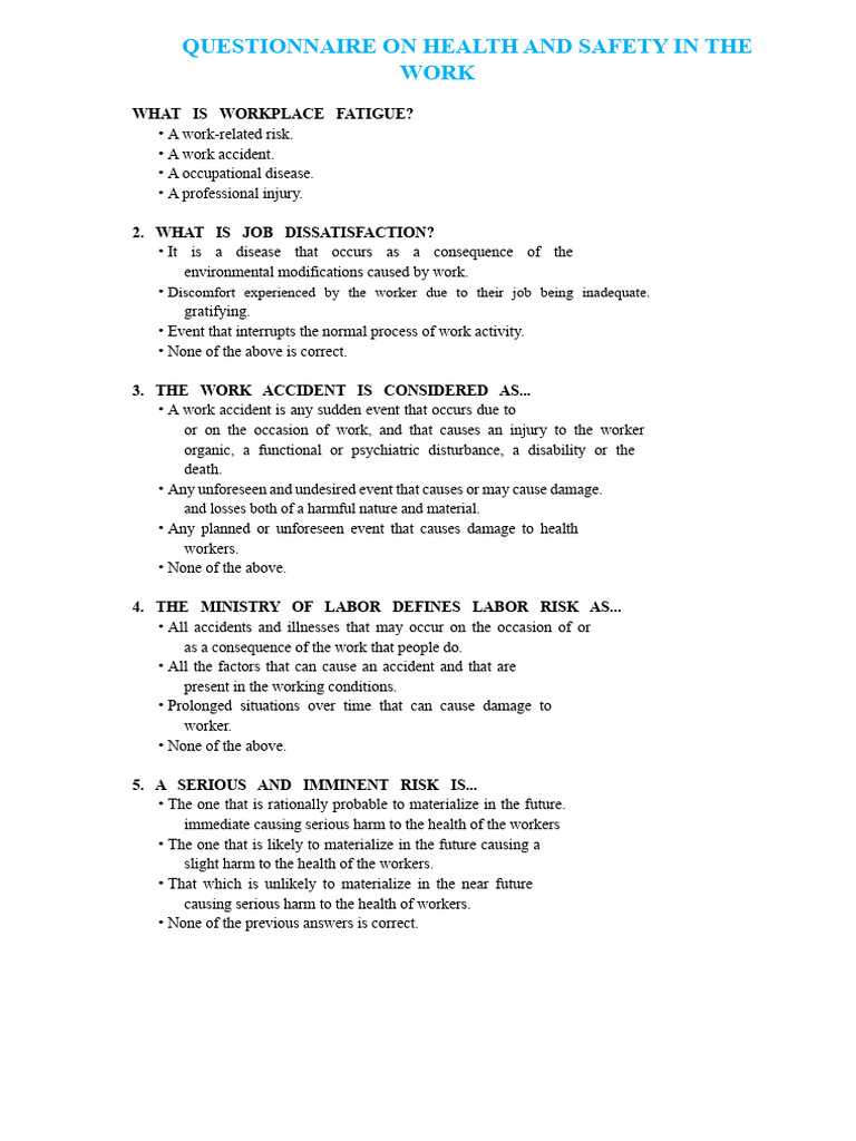 Workplace Health and Safety Questionnaire | PDF | Occupational Safety ...