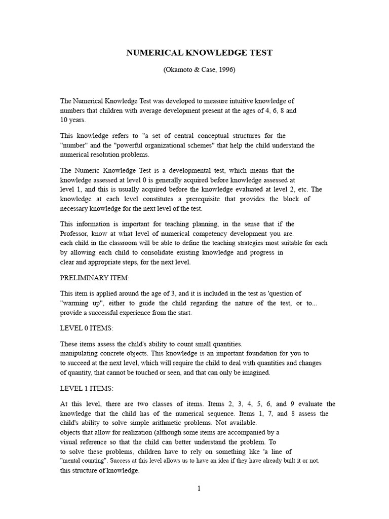 Numerical Knowledge Test for Children | PDF | Knowledge | Arithmetic