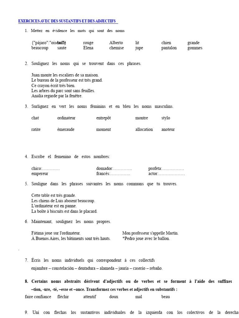 Exercices sur les noms et adjectifs | PDF | Phrase | Nom (grammaire)