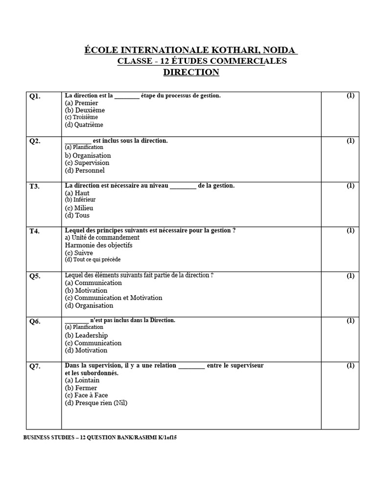 Questions de gestion pour la classe 12 | PDF | Direction | Motivation
