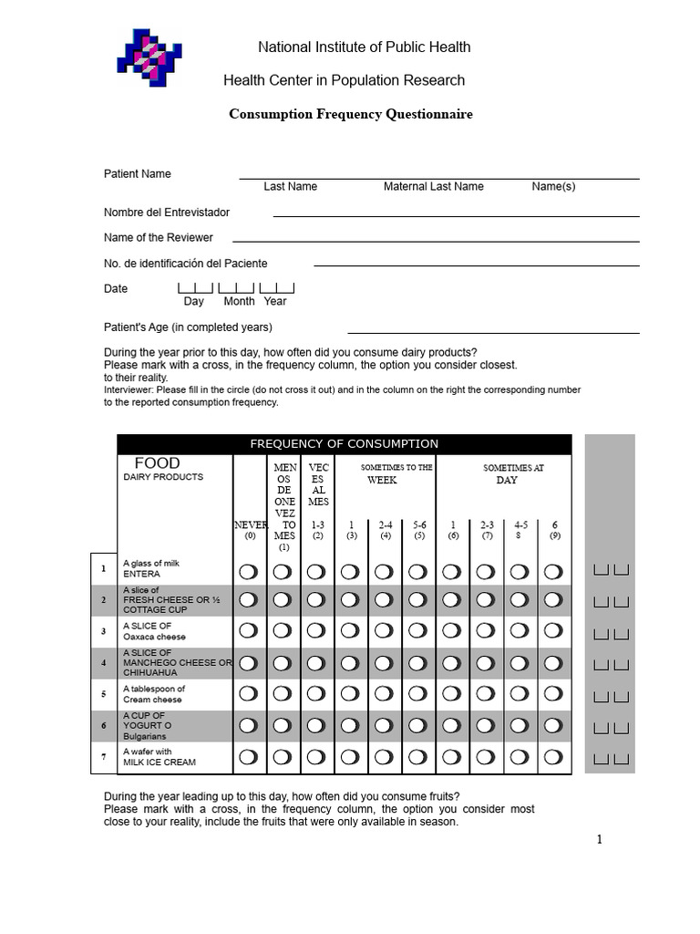 Consumption Frequency Questionnaire | PDF | Sausage | Pork