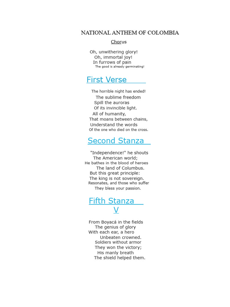 Colombia's National Anthem Lyrics | PDF