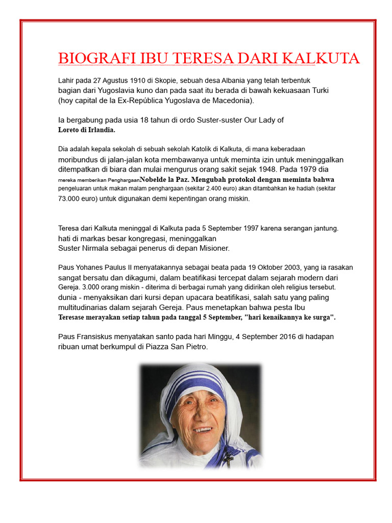 Biografi Ibu Teresa: Perjalanan Hidup dan Warisan | PDF