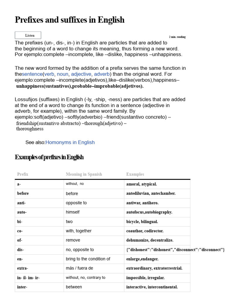 English Prefixes and Suffixes Guide | PDF | Adjective | Noun