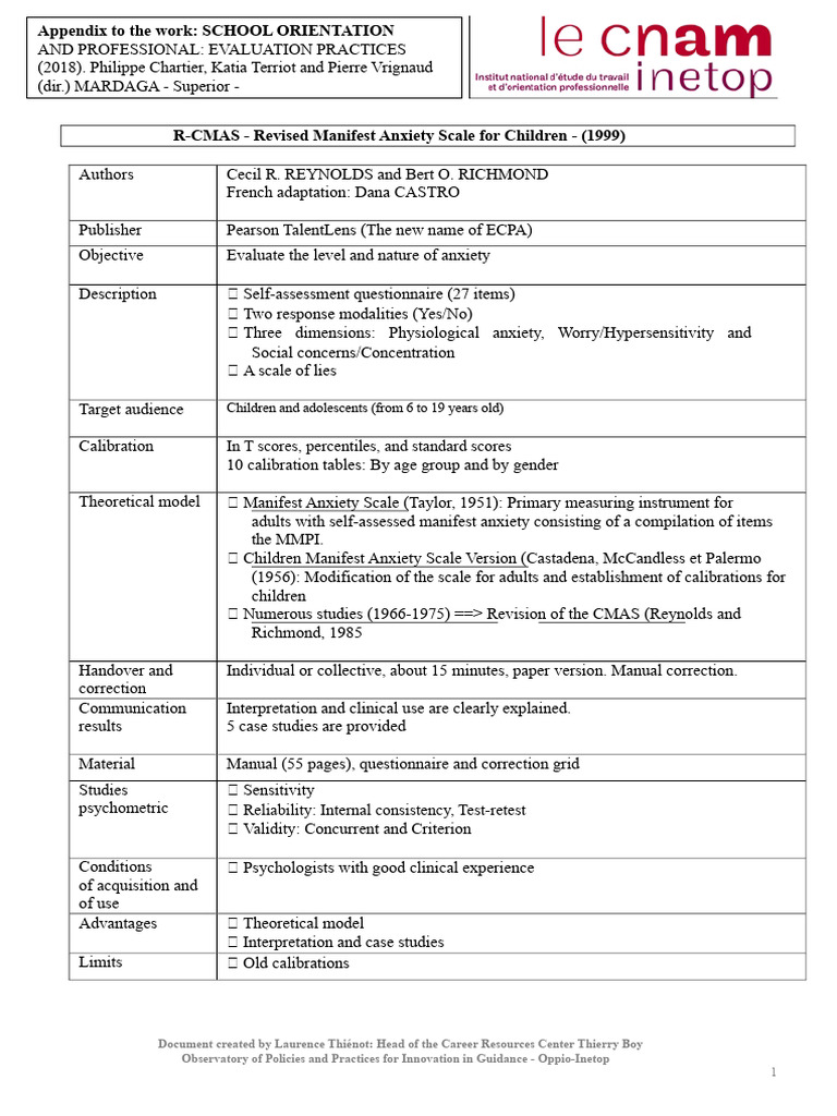 Rcmas Test Sheet Work Gep LT | PDF | Psychometrics | Psychology