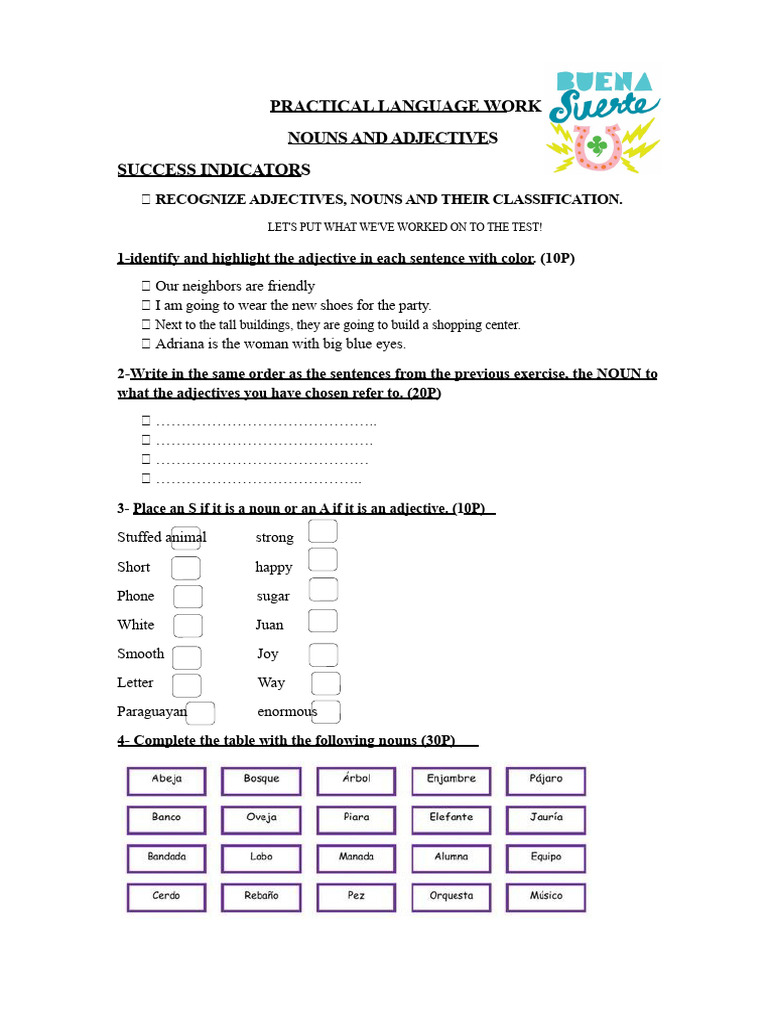 Practical Work On Language Nouns and Adjectives | PDF