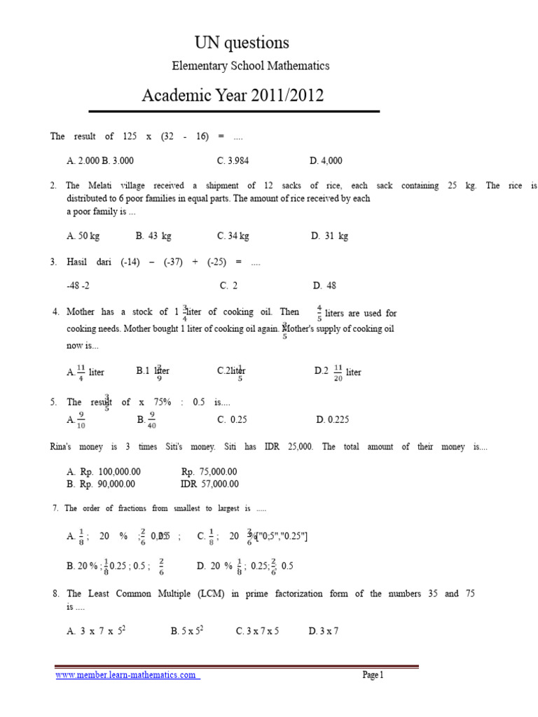 2012 Elementary School Mathematics National Exam Questions | PDF | Area ...