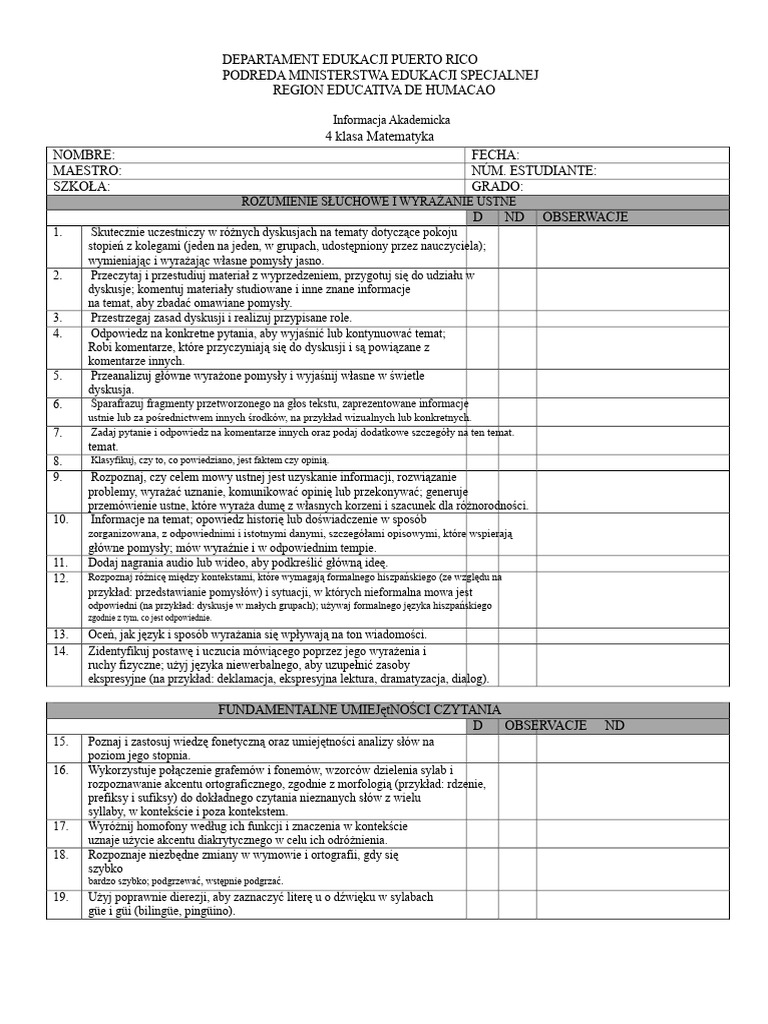 Raport Akademicki Matematyka Czwarta Klasa PDF | PDF