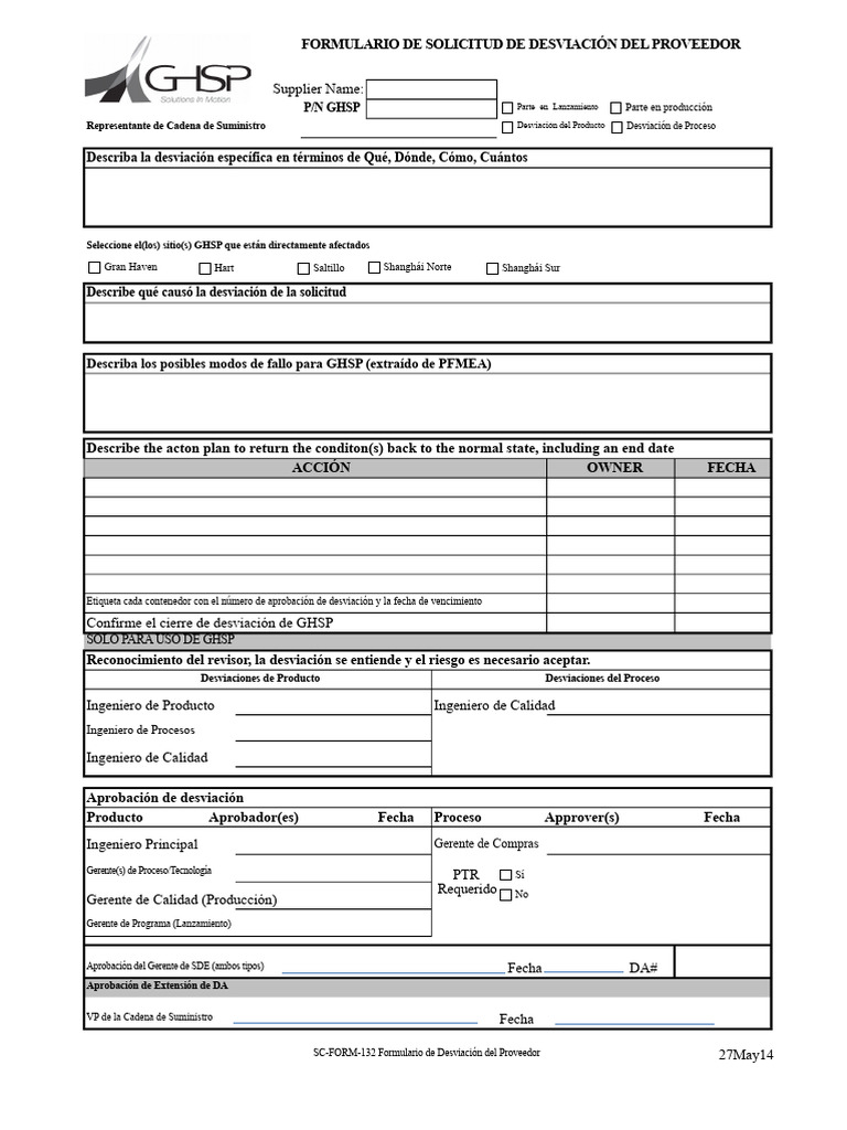 Formulario de Desviación Del Proveedor SC FORM 132 | PDF | Ingeniero