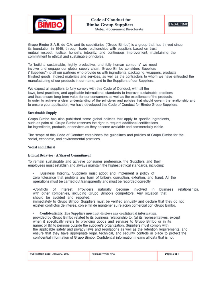 FGB-EPR-02 Code of Conduct For Suppliers of Grupo Bimbo | PDF | Supply ...