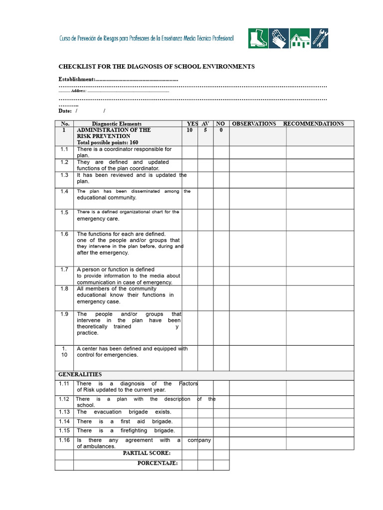 School Environment Diagnosis Checklist | PDF | Risk | Emergency Management
