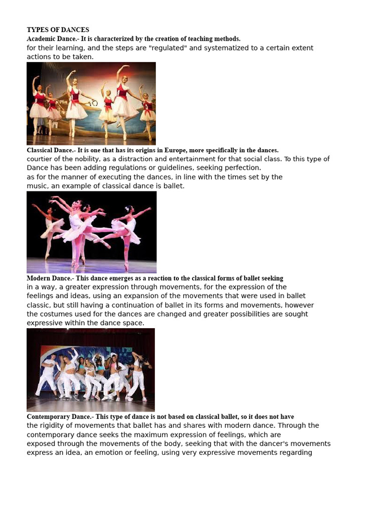 Types of Dances | PDF | Dances | Ballet
