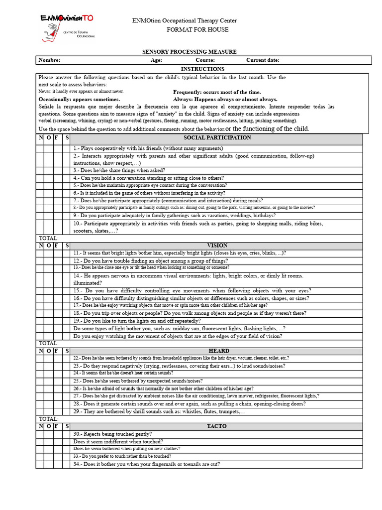 Sensory Processing Measure Form | PDF | Communication | Nonverbal ...
