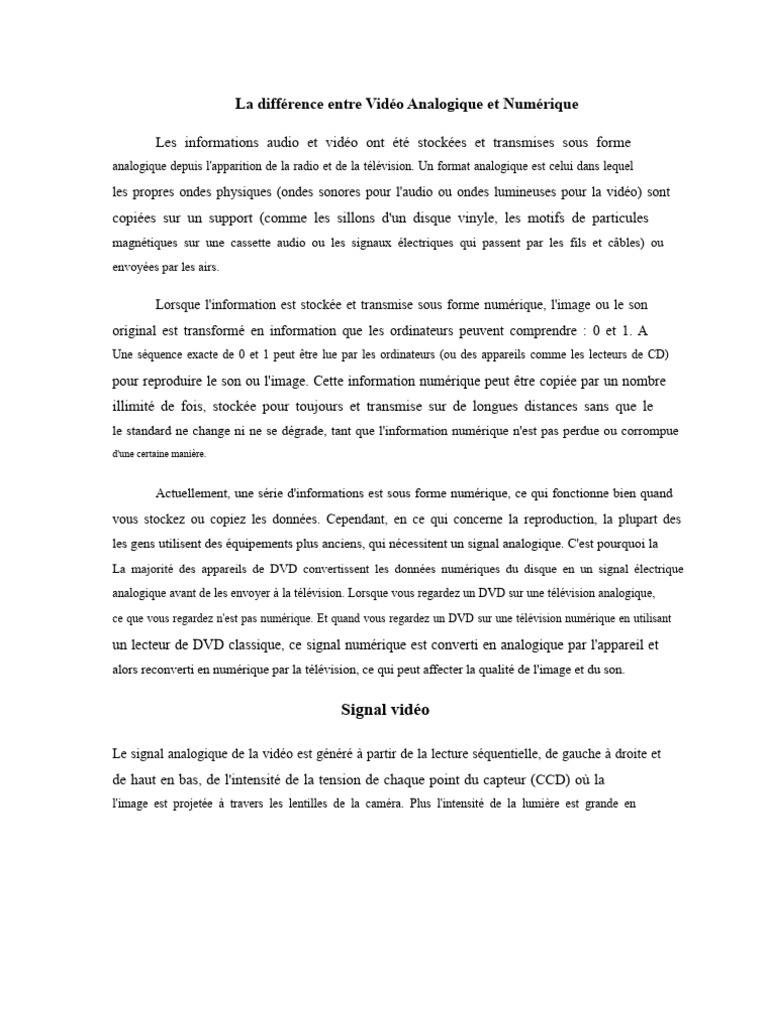 Vidéo Analogique vs Numérique : Comparaison | PDF | Analogique | Vidéo