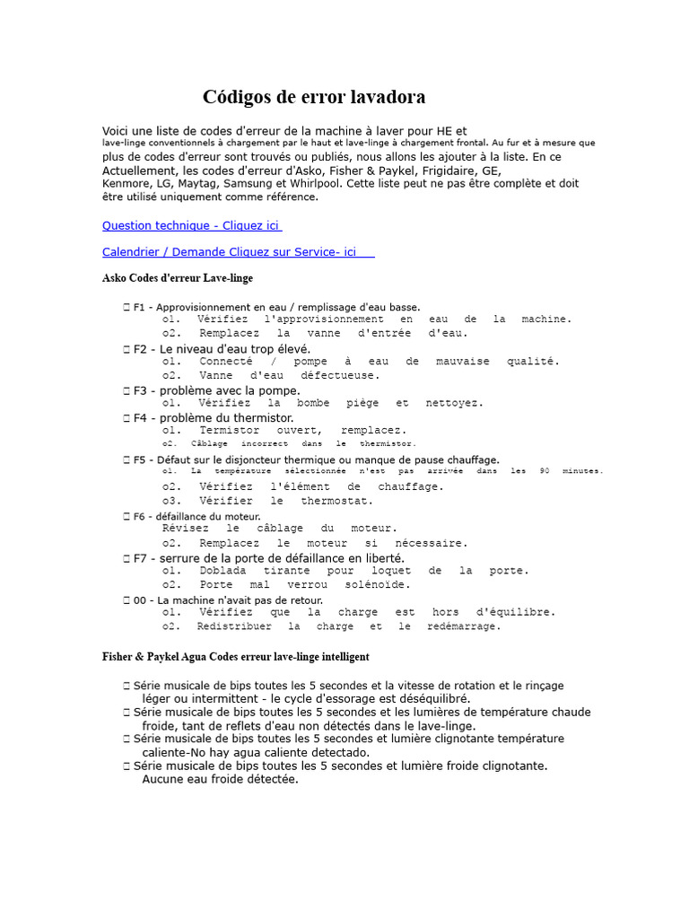 Codes d'erreur des lave-linge expliqués | PDF | Machine à laver ...