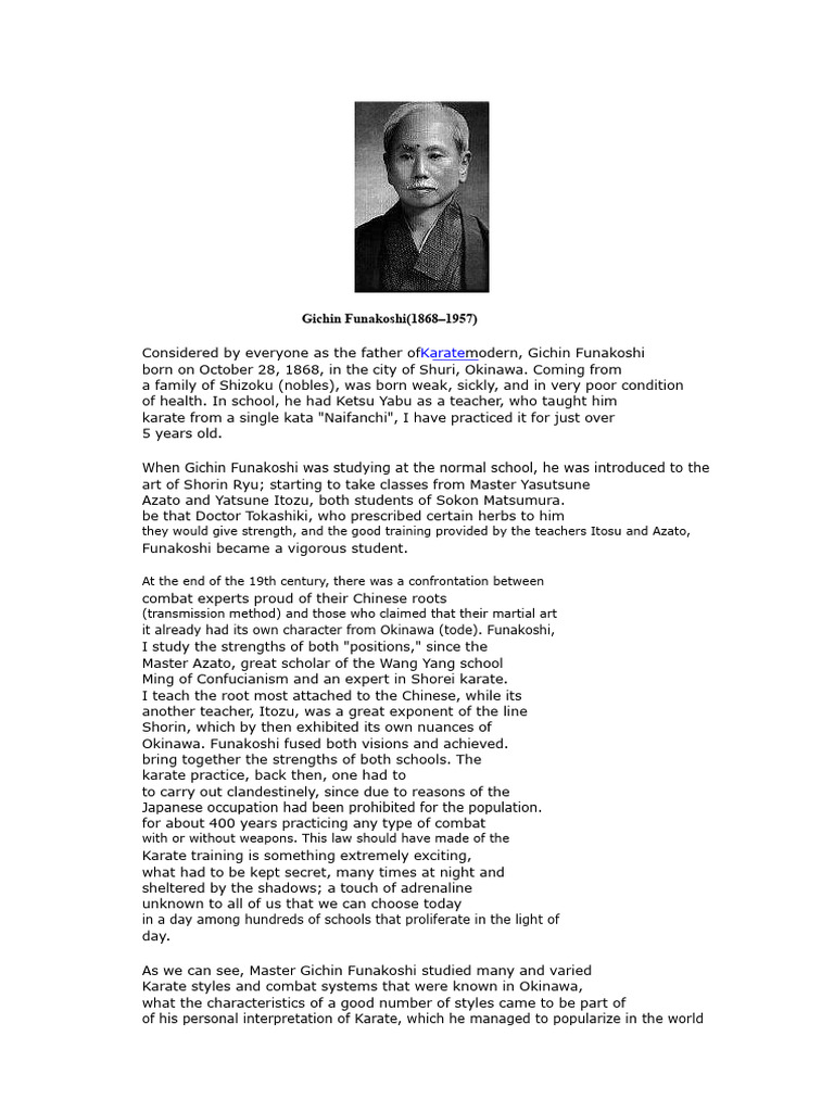 Biography of Ginchin Funakoshi, Founder of Shotokan Karate-Do. | PDF ...