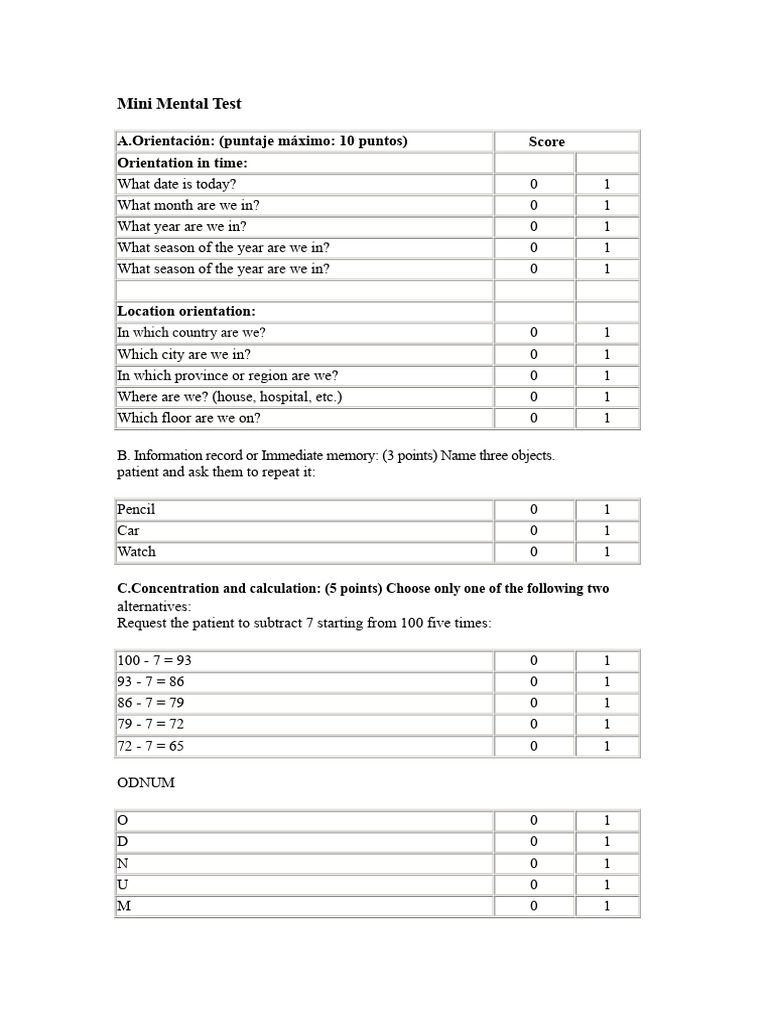Mini Mental Test | PDF | Psychology | Cognition