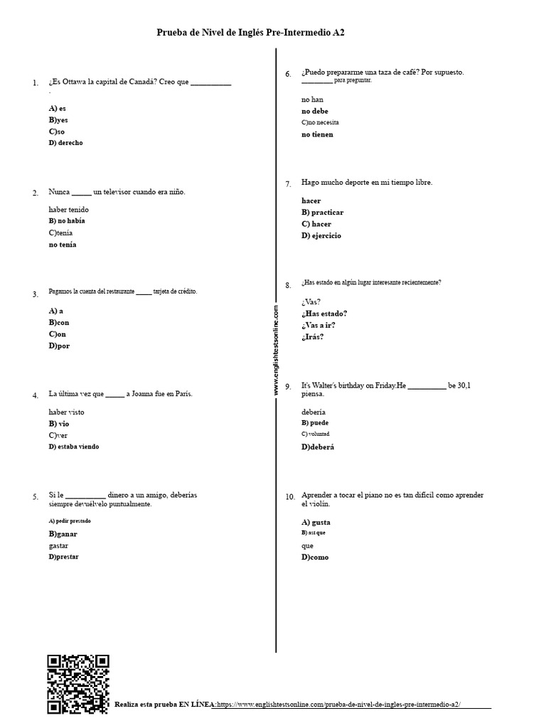 Prueba de Inglés Pre-Intermedio A2 | PDF