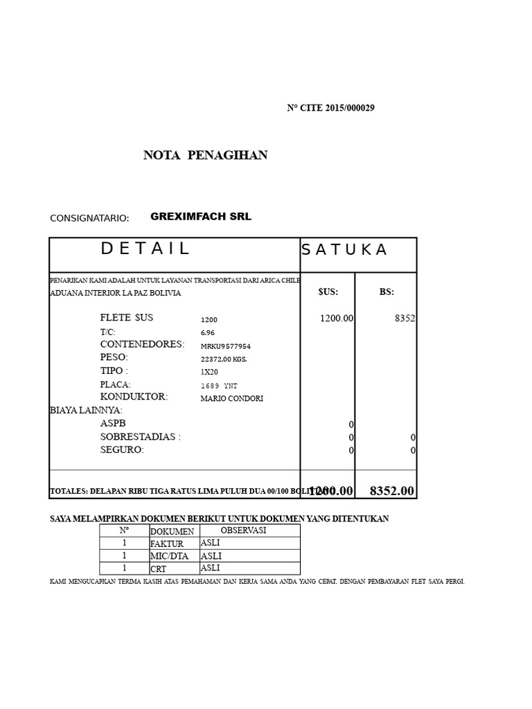 Nota Penagihan Transportasi Arica-Bolivia | PDF