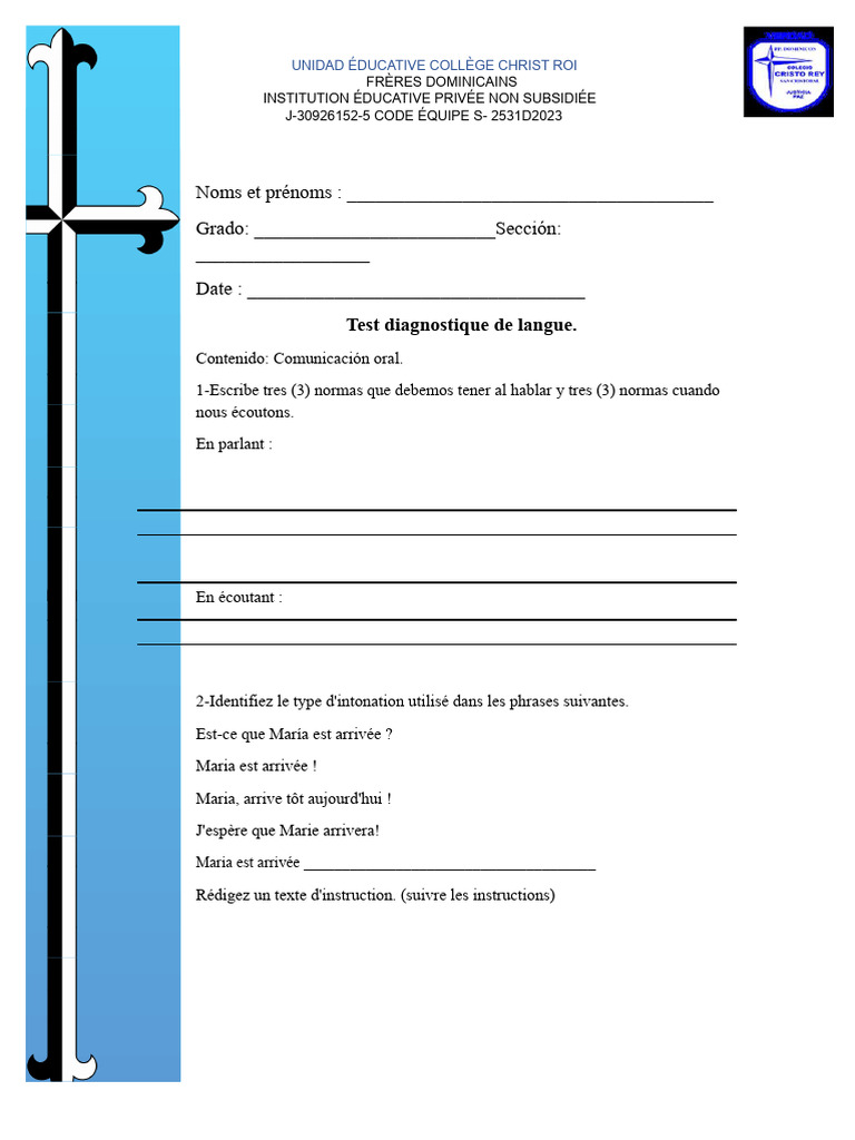 Test Diagnostique de Langue - Collège Christ Roi | PDF
