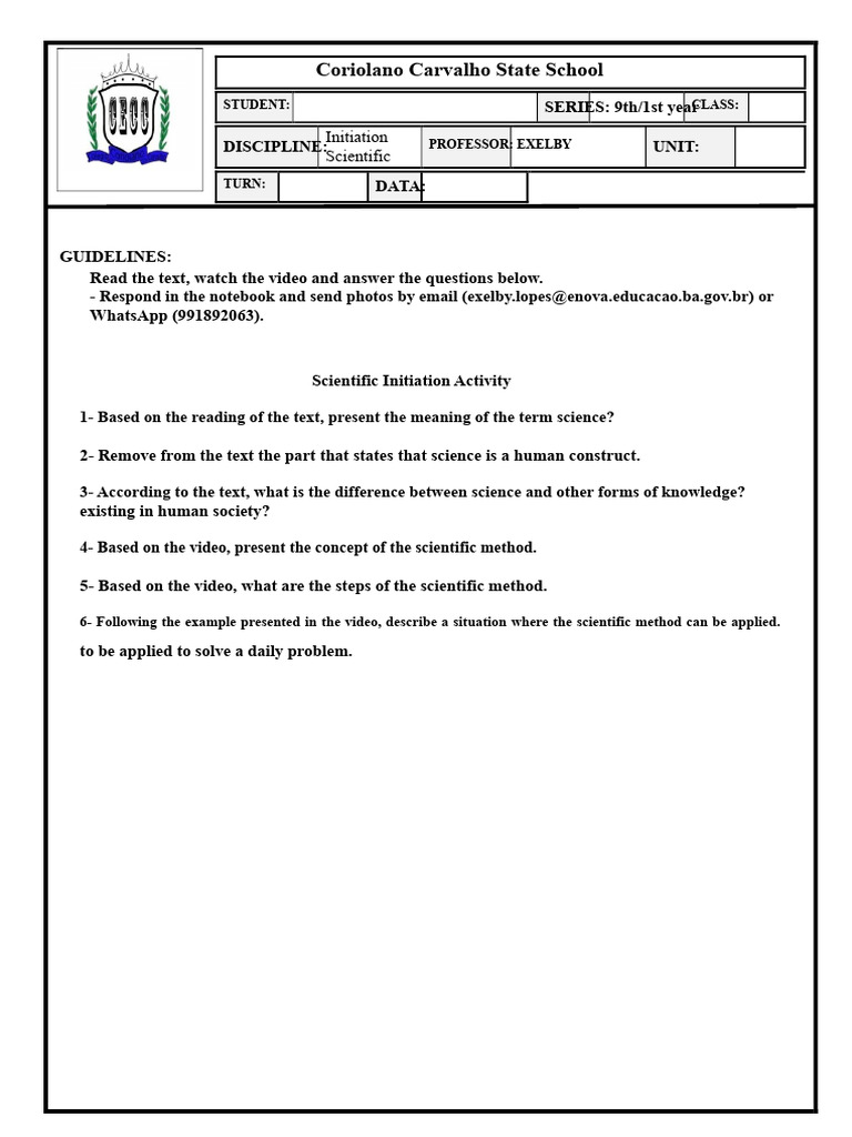 4th Activity 9°-1° Year Scientific Initiation - Site | PDF