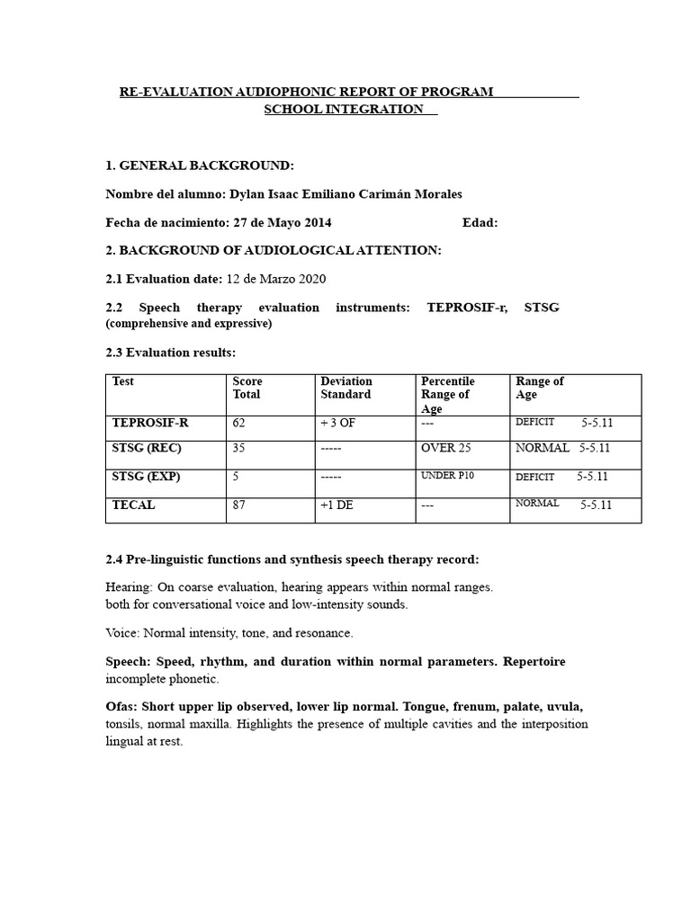 Speech Therapy Re-Evaluation Report For The School Integration Program ...