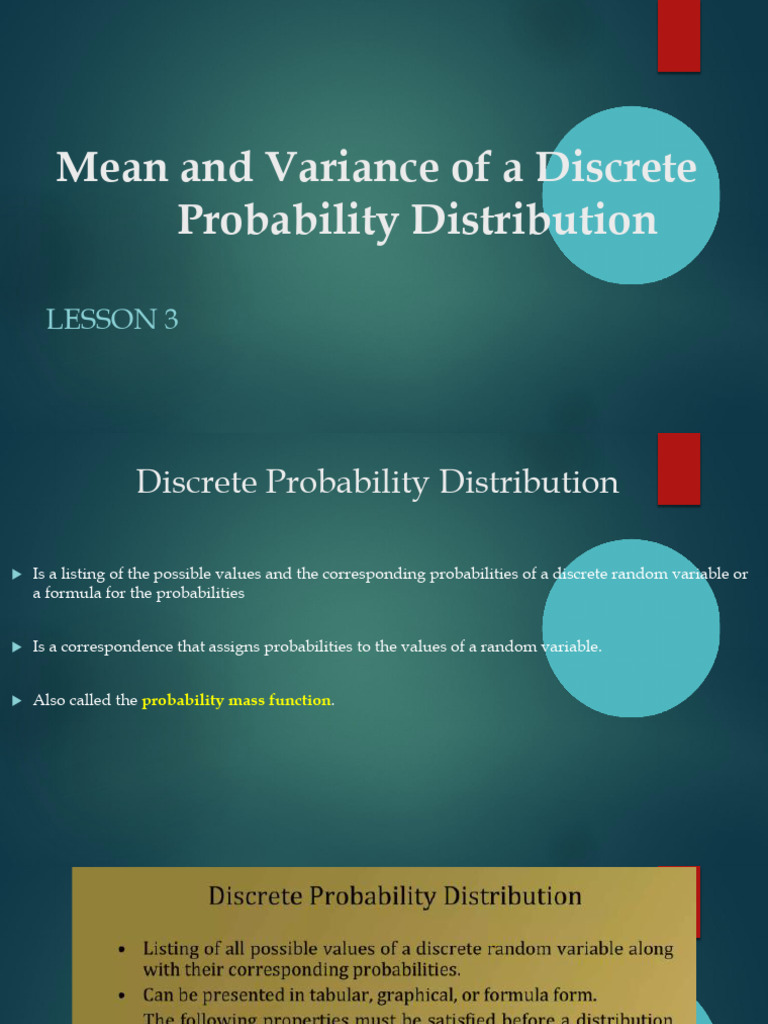 Lesson 3. Mean and Variance of a Discrete Probability Distribution ...