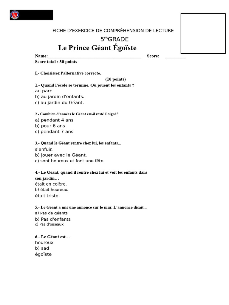 Fiche d'exercice : Compréhension de lecture | PDF