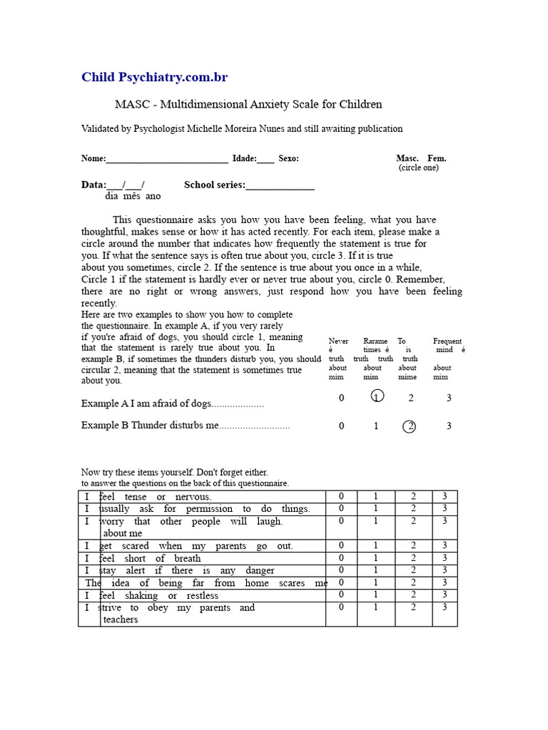 "MASC" - Multidimensional Anxiety Scale For Children | PDF ...
