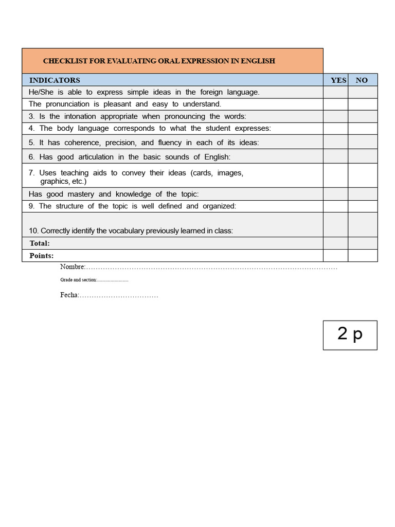 Checklist For Evaluating Oral Expression in English | PDF