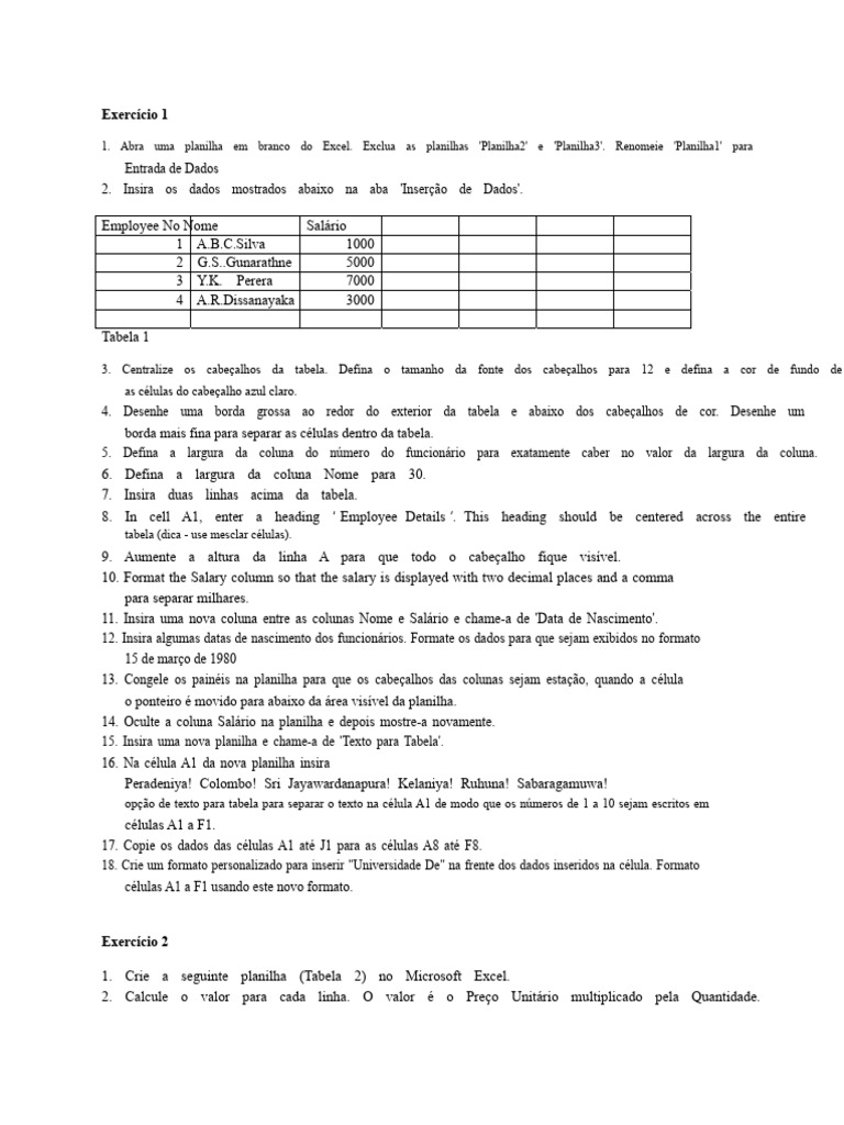Exercícios de Excel | PDF | Microsoft Excel