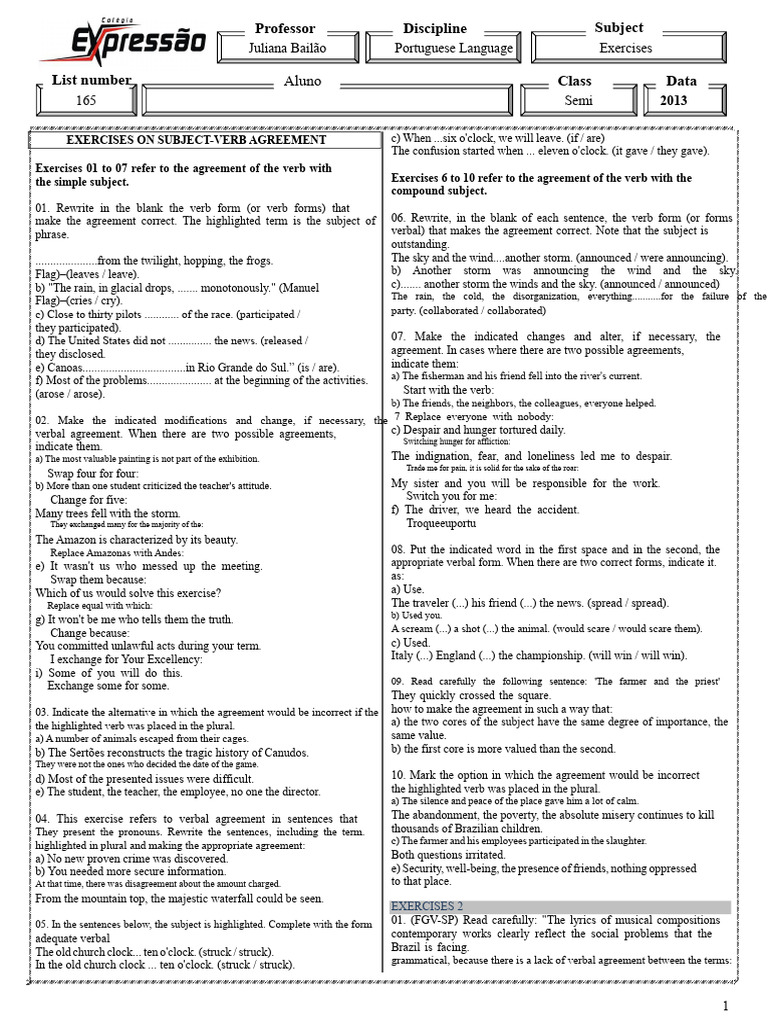 Exercises On Verbal Agreement With Answers | PDF | Subject (Grammar) | Verb