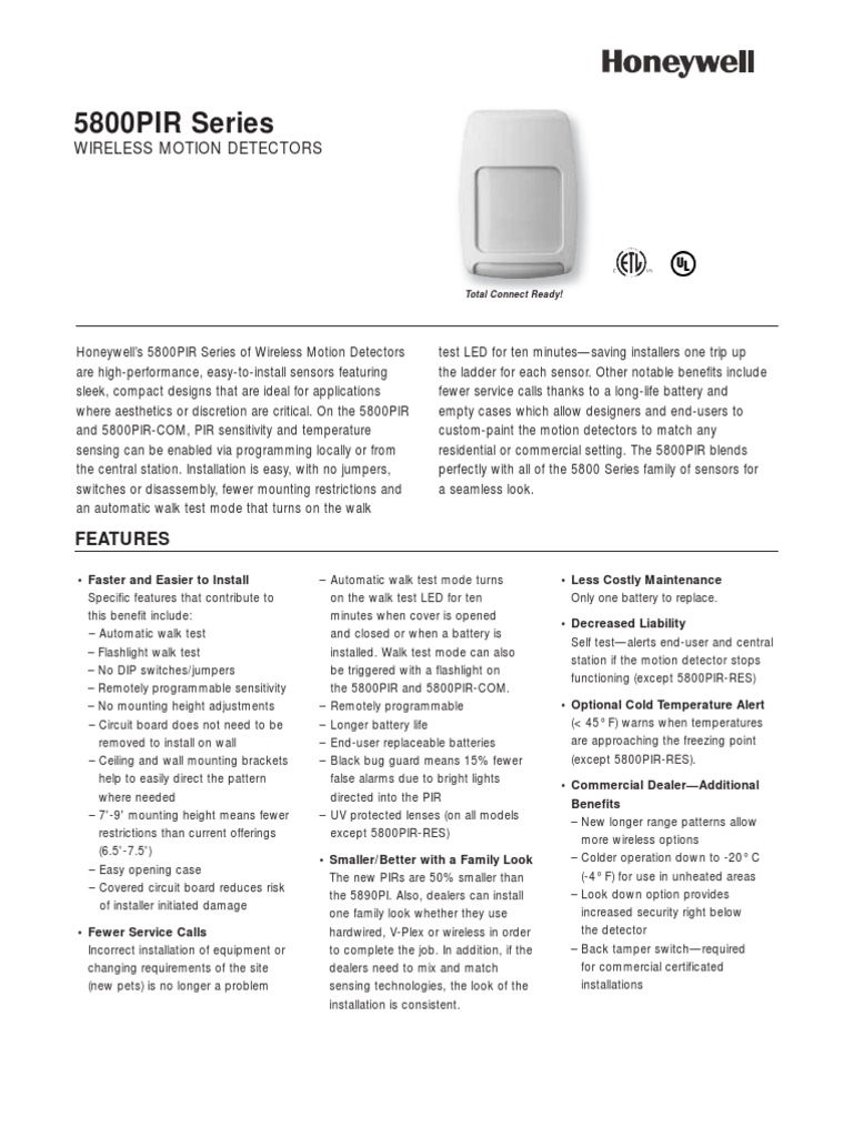 Honeywell 5800pir Series Data Sheet | PDF | Security Alarm | Equipment